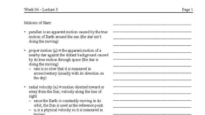 Week 04 Lecture 3: Motions and Brightness of Stars Notes - Studocu
