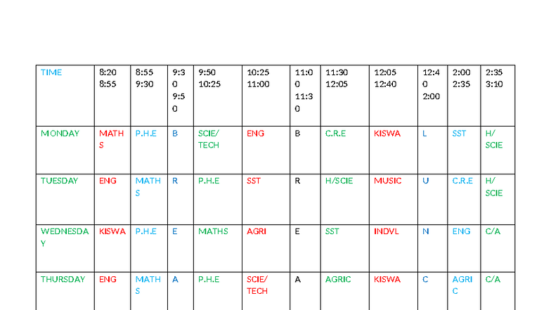 Timetable Grade 4 - TIME 8: 8: 8: 9: 9: 0 9: 0 9: 10: 10: 11: 11: 0 11 ...
