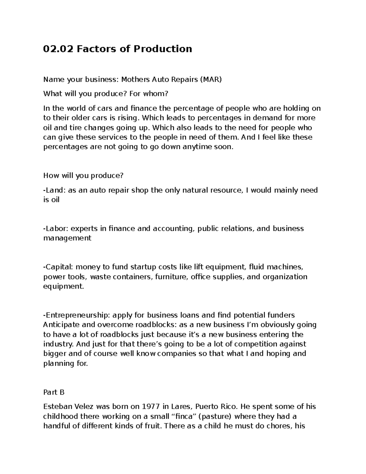 02.02 Factors of Production: Business Plan for Mothers Auto Repairs ...