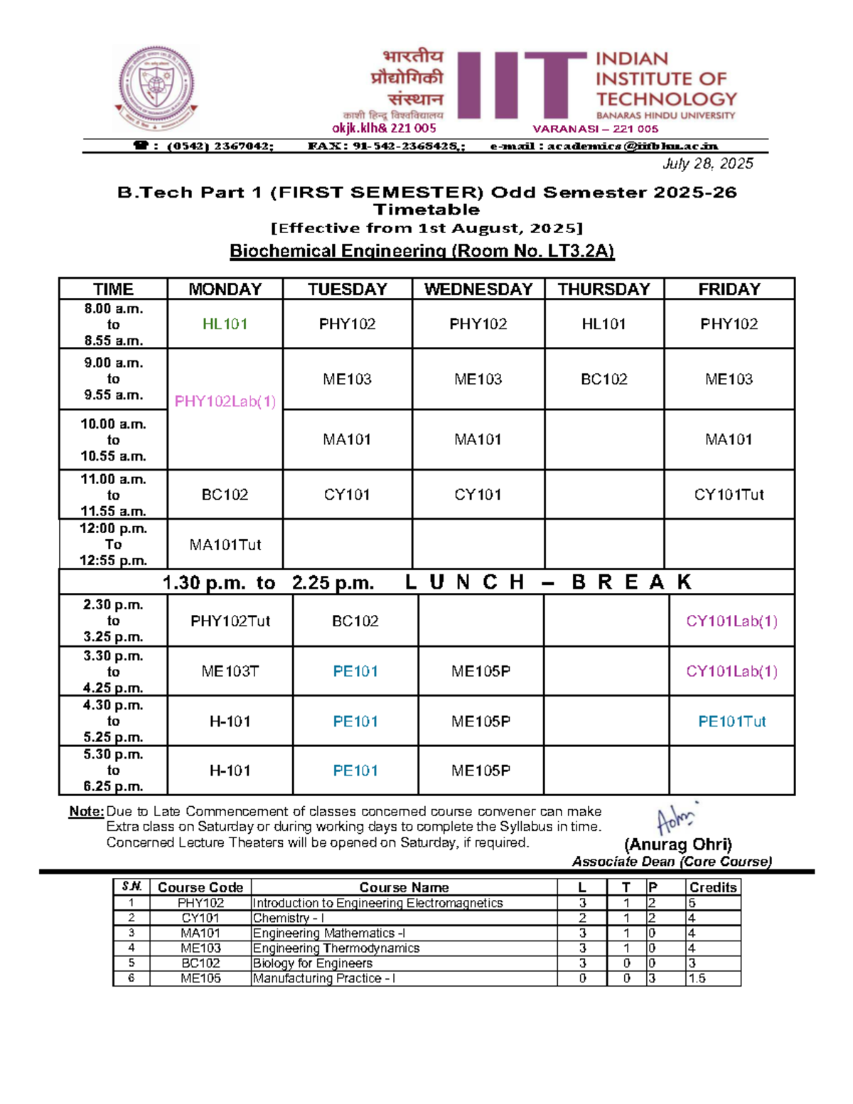 B.Tech 1st Sem Odd Semester Timetable (221 005) - August 2025 - Studocu