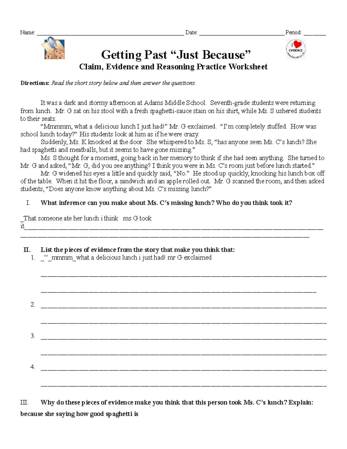 Claim, Evidence, and Reasoning Practice Worksheet for ELA - Studocu