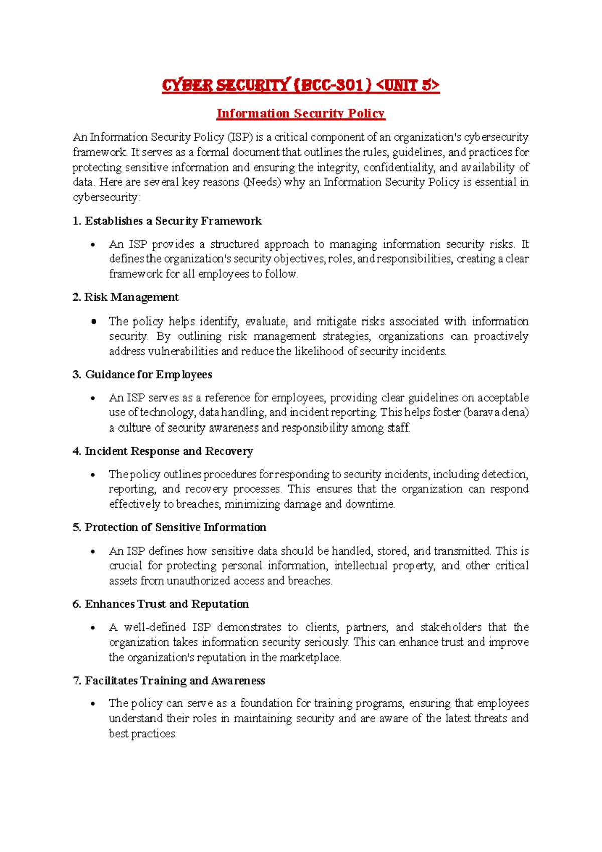 Cyber Security BCC-301: Information Security Policy Overview - Studocu