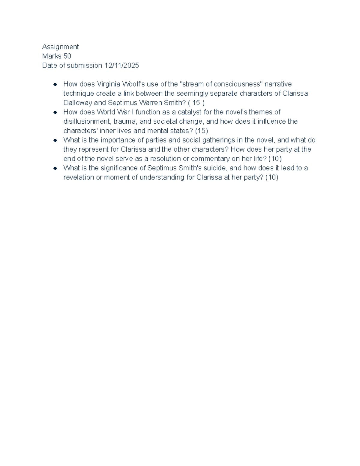 ENG 101: Mrs Dalloway Assignment Analysis and Themes - Studocu