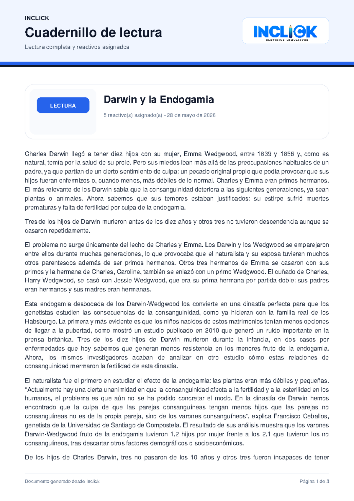 LECTURA: Darwin y la Endogamia - Análisis y Reactivos Asignados - Studocu