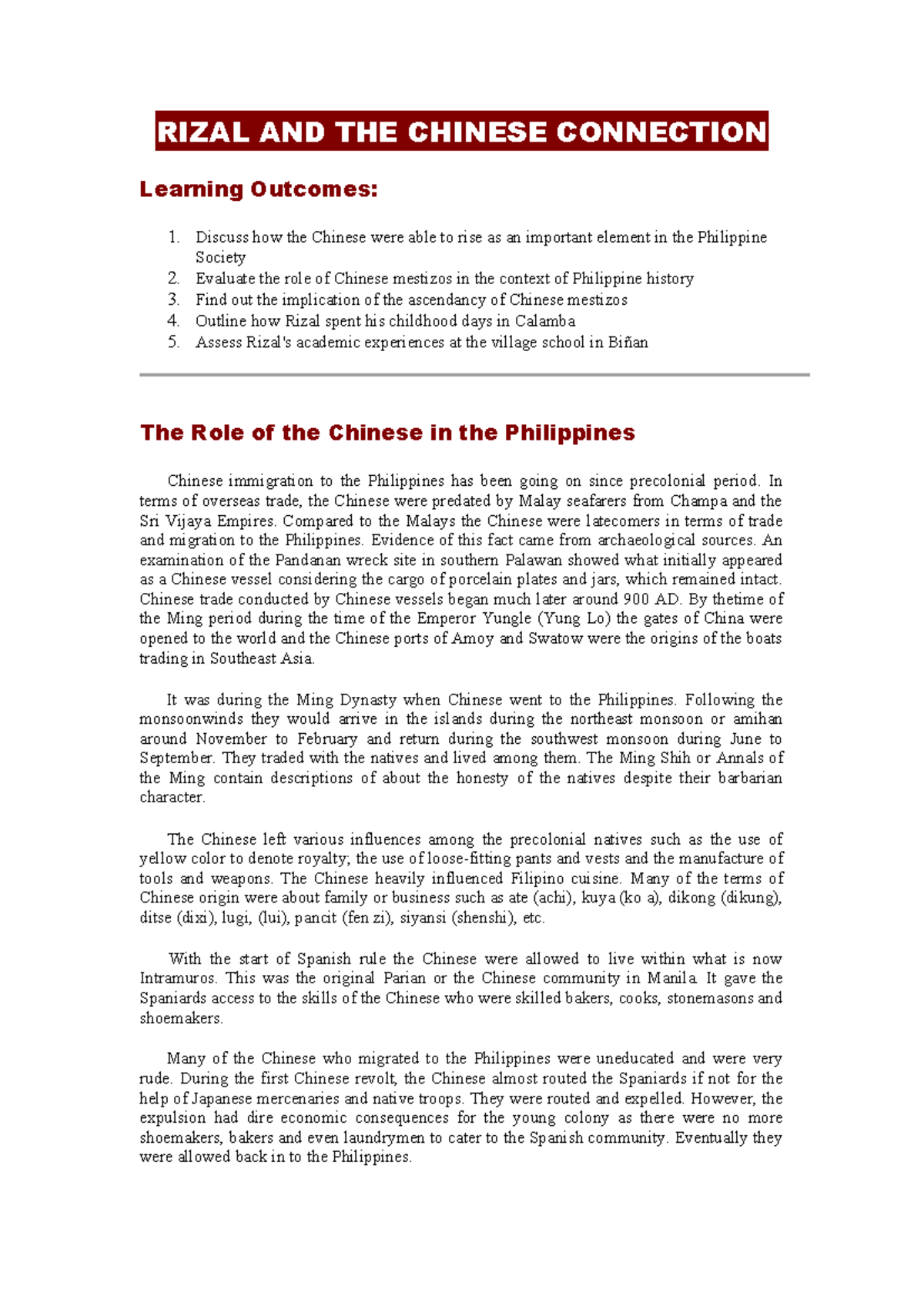 Module 6 - Rizal and the Chinese Connection: Historical Insights - Studocu