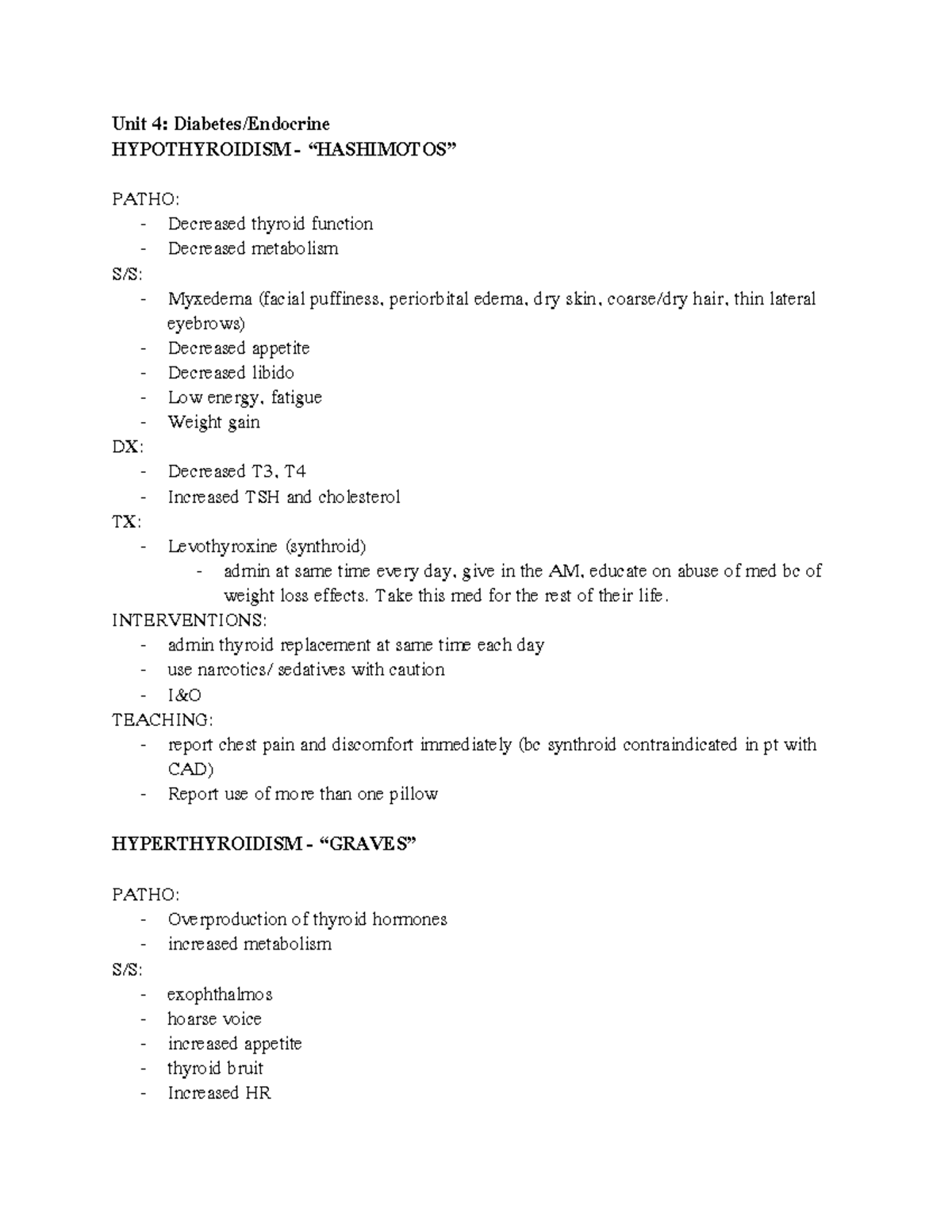 Unit 4: Endocrine Disorders - Hypothyroidism, Hyperthyroidism, and ...
