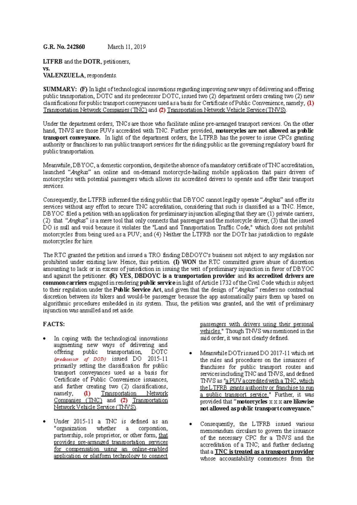 Ltfrb v. Valenzuela - Case Digest - GR 242860 - G. No. 242860 March 11 ...