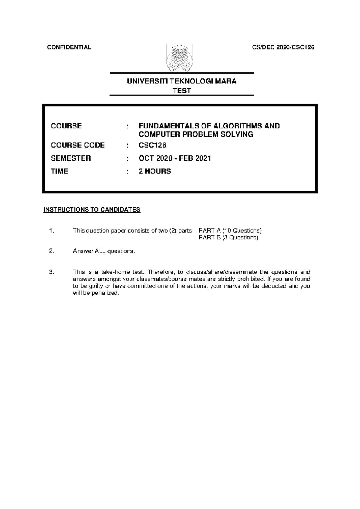 CSC 126 Take-Home Test: Fundamentals of Algorithms & Problem Solving ...