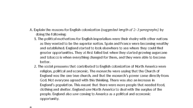 C121 Task 1 - Reasons for English Colonization and Its Impact - Studocu