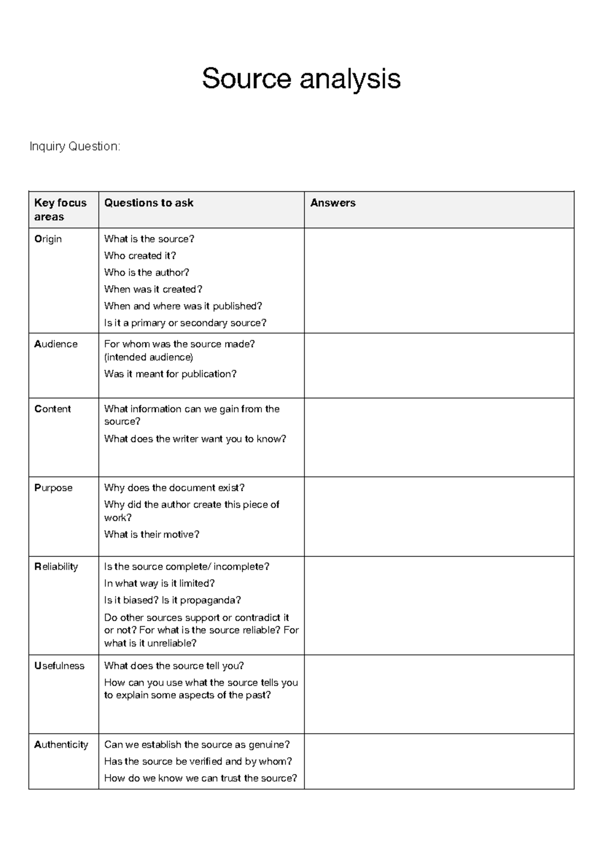 Ancient Source Analysis Template: Key Inquiry Questions - Studocu