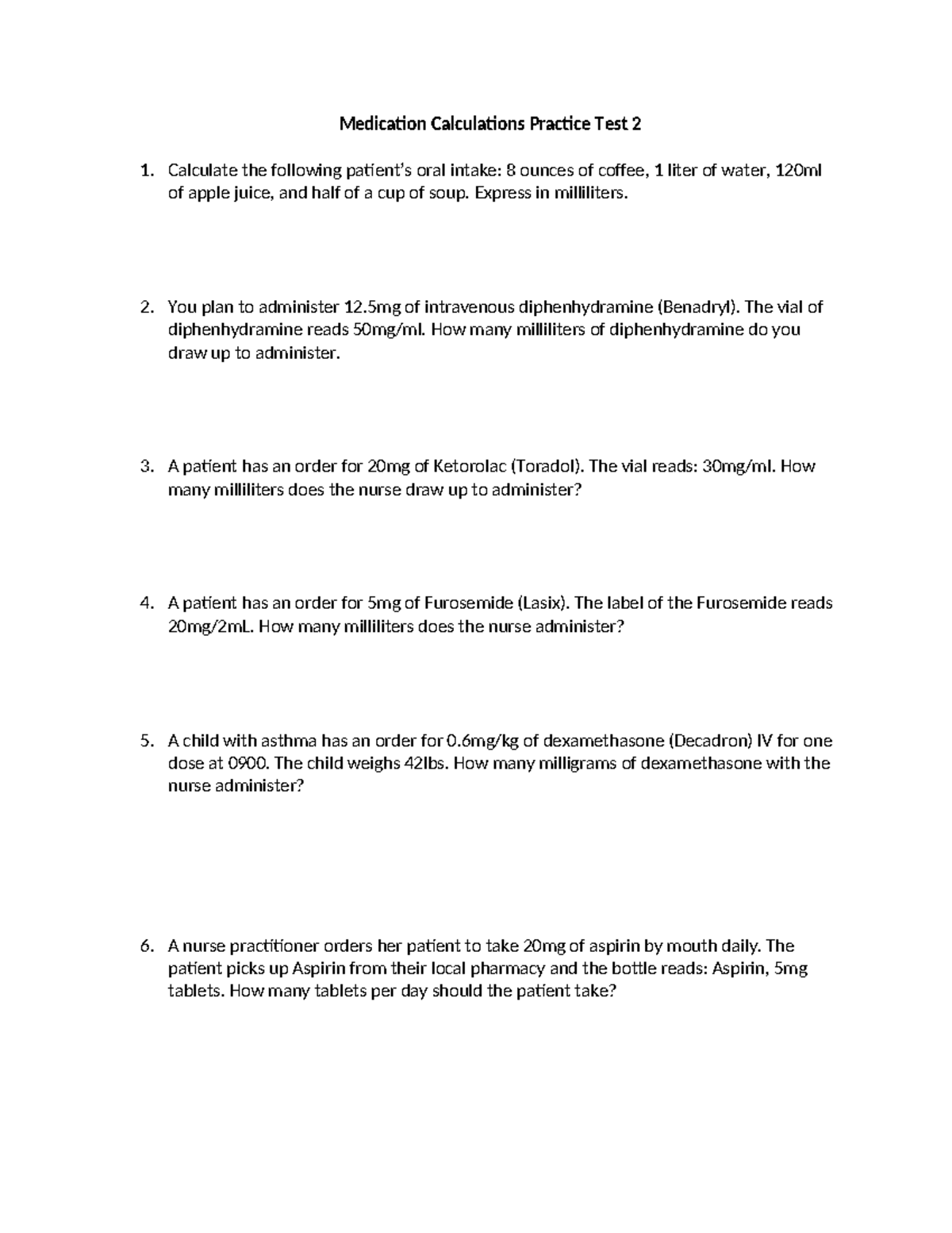 Medication Calculations Practice Test 2 - Med Cal Exercises - Studocu