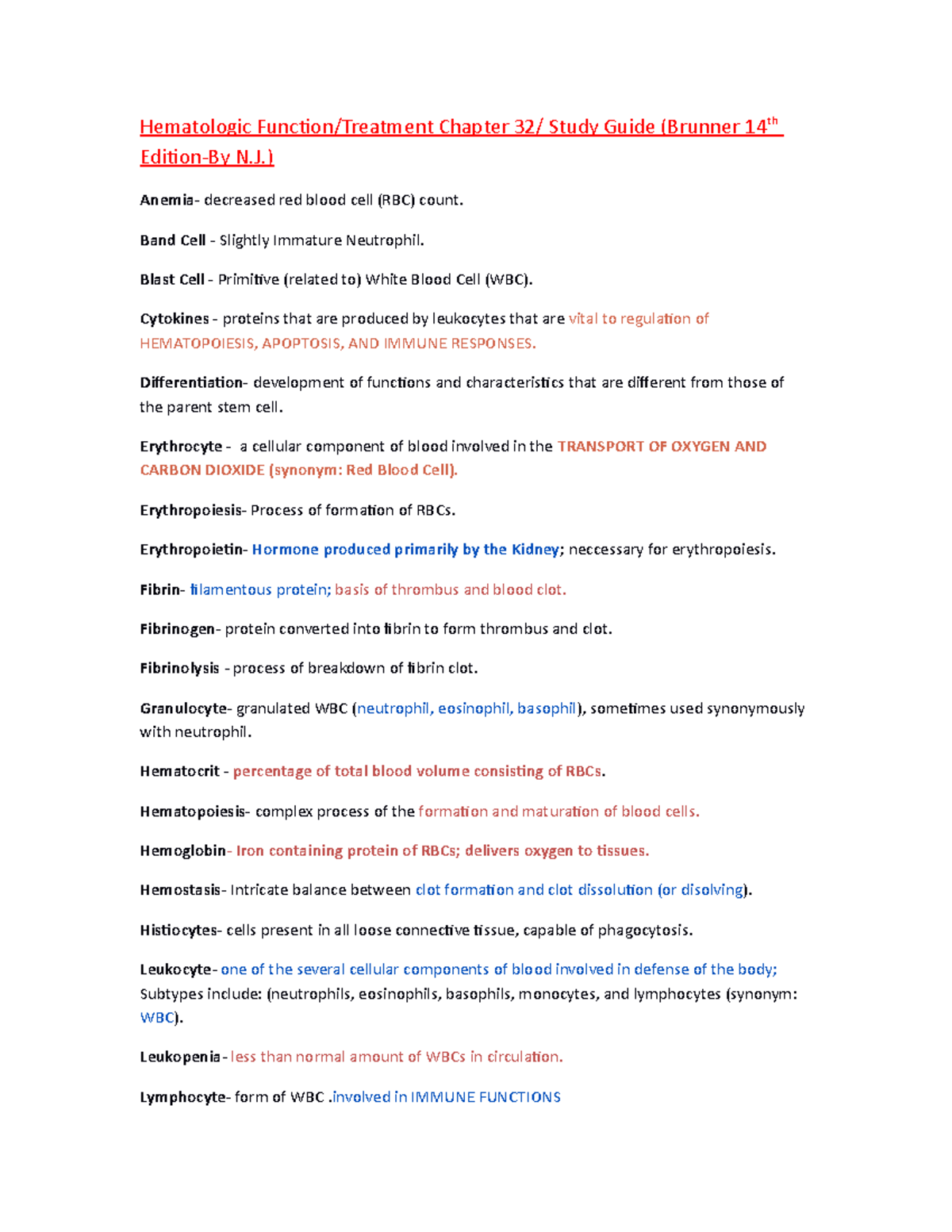 Med Surgical Nursing Brunner (chptr32)Edition 14 - Hematologic Function ...