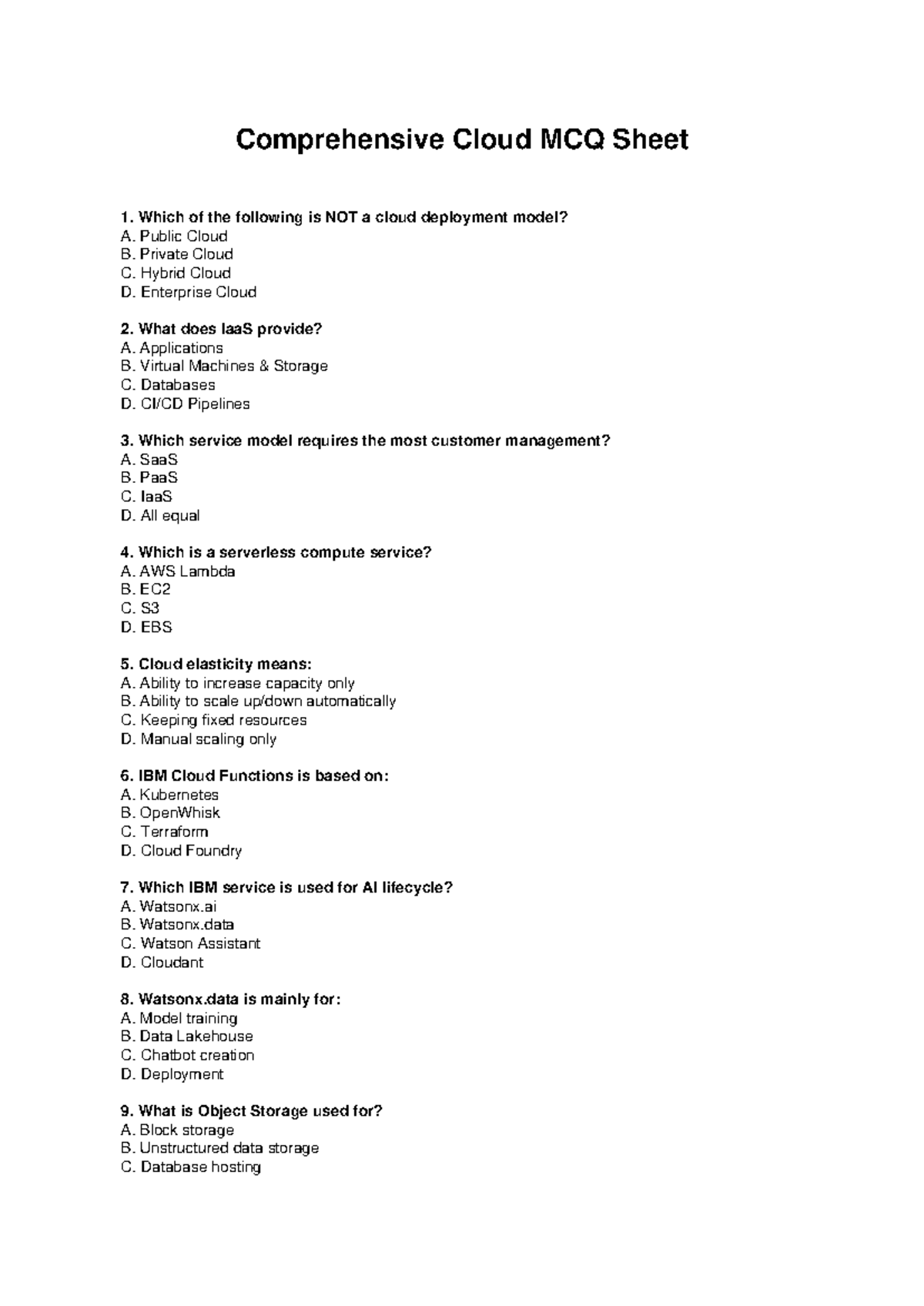 Cloud MCQ Sheet - Comprehensive Questions on Cloud Models and Services ...