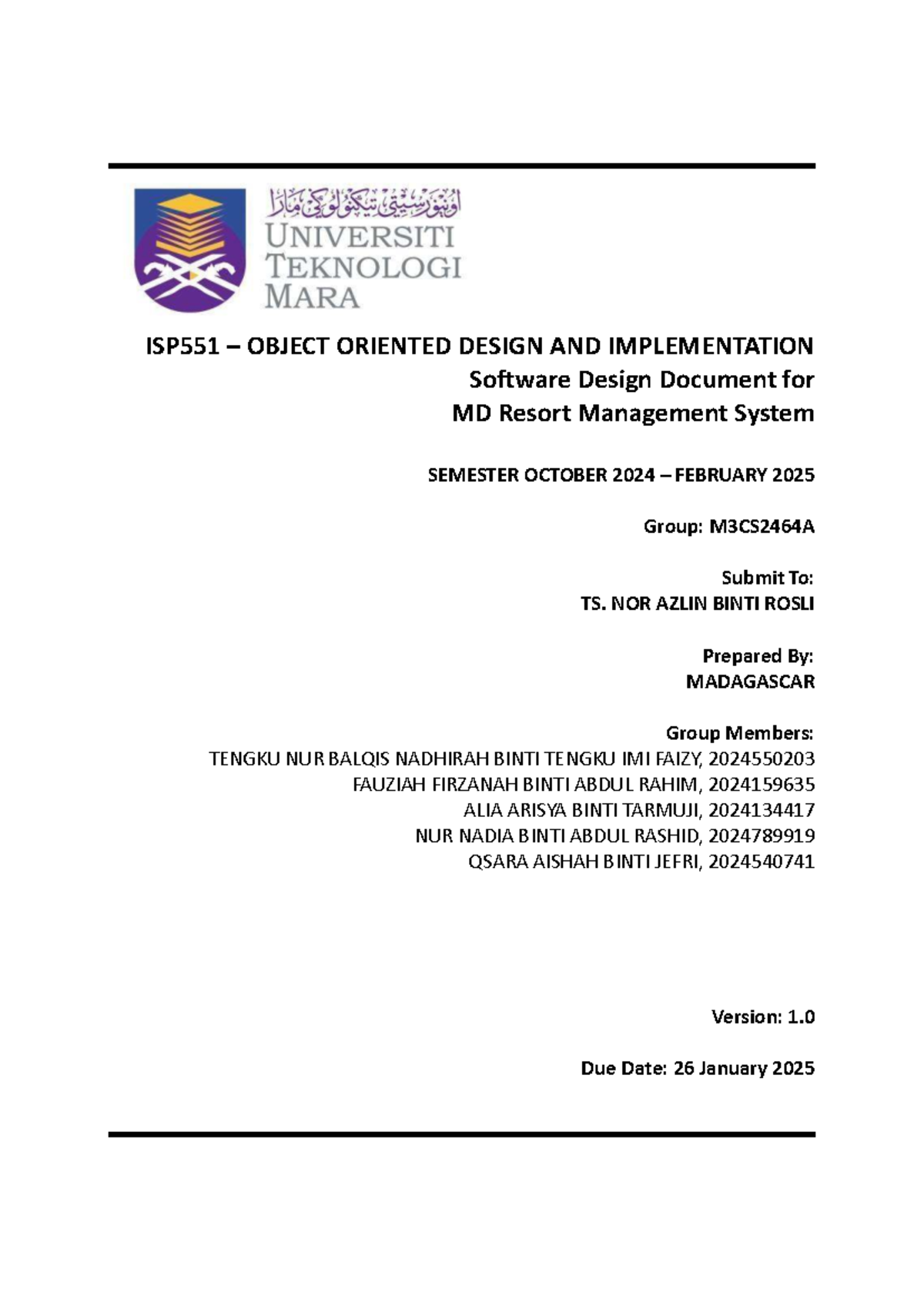 ISP551 SDD: Object-Oriented Design for MD Resort Management System ...