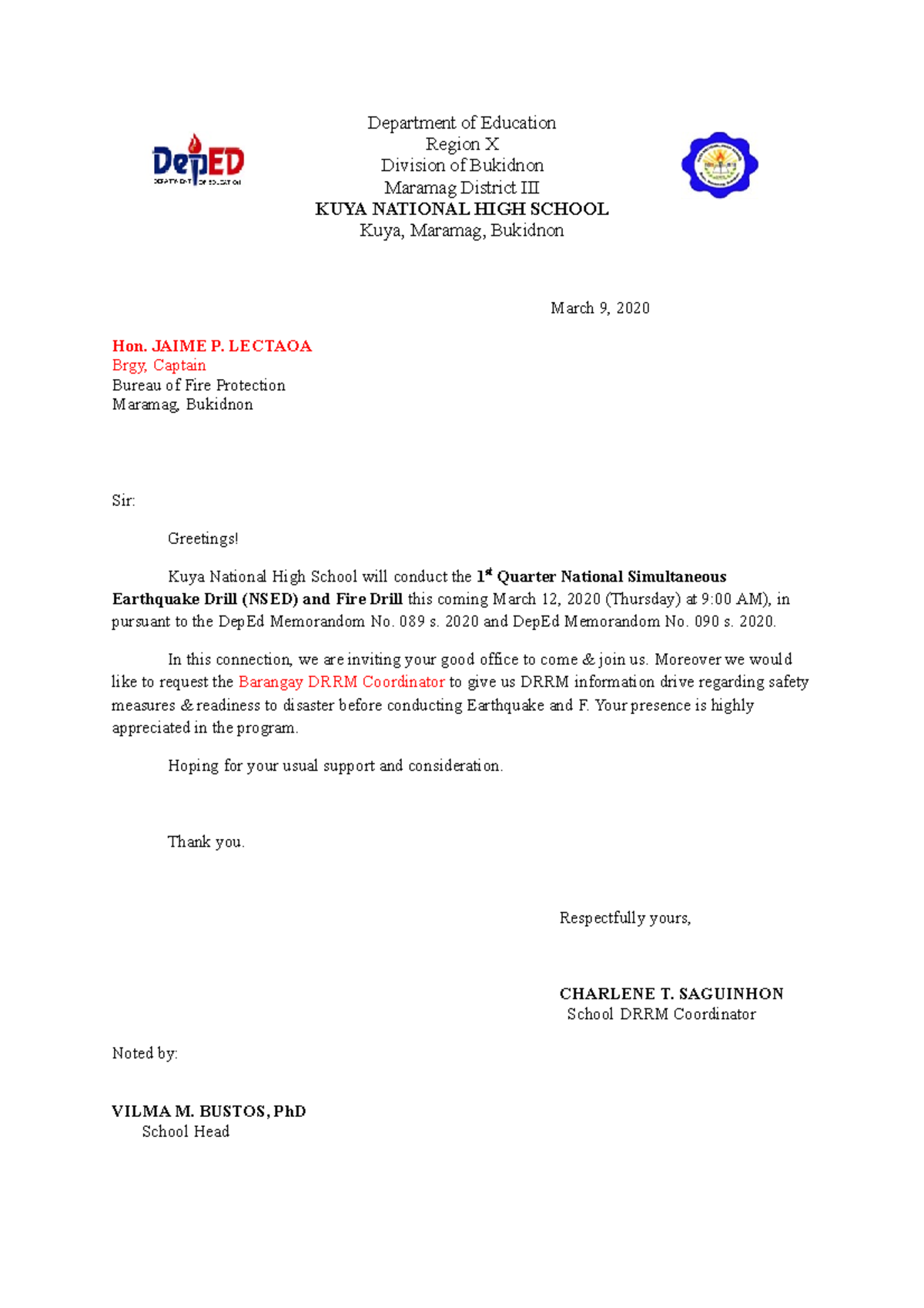 Letter to Barangay Captain Regarding NSED Invitation and Support - Studocu
