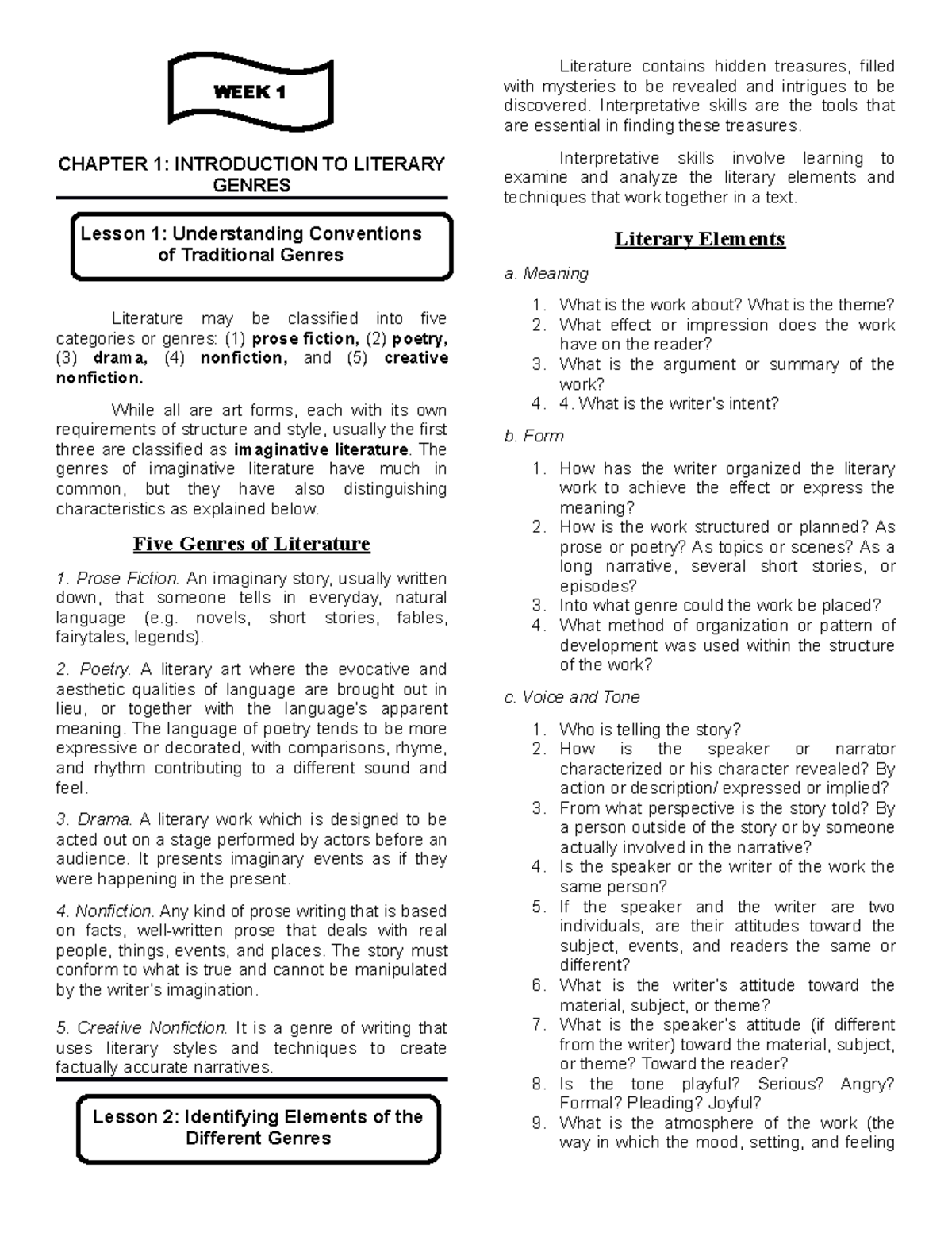 CW Nonfiction LN WEEK 1 15 - CHAPTER 1: INTRODUCTION TO LITERARY GENRES ...