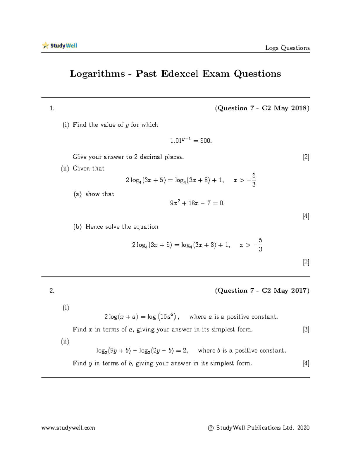 units conversions and significant figures document - Logarithms - Past Edexcel Exam Questions ...