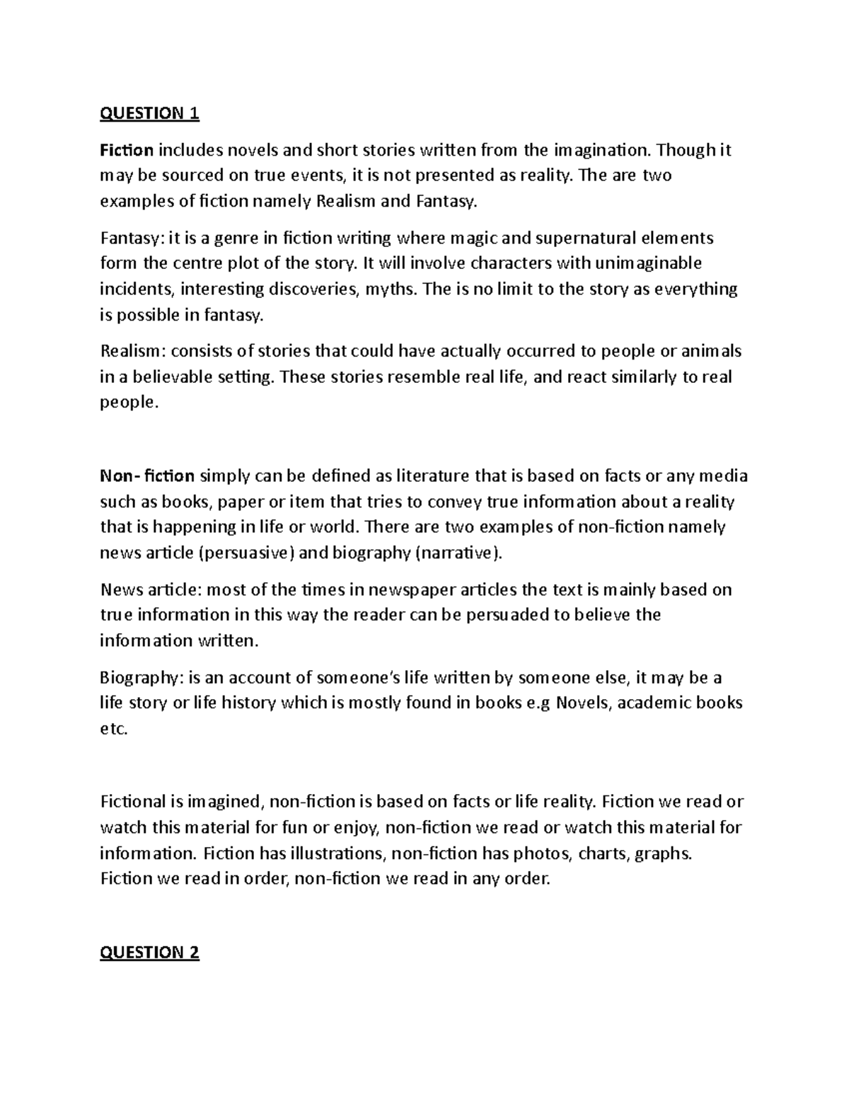 ENG2613 ASS1 Final exam - QUESTION 1 Fiction includes novels and short ...