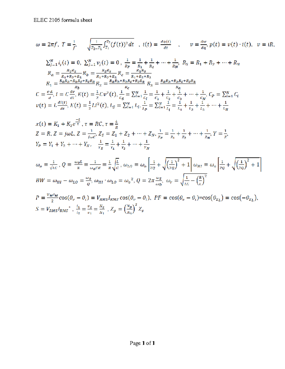 ELEC 2501 Fall 2025 - Comprehensive Formula Sheet - Studocu