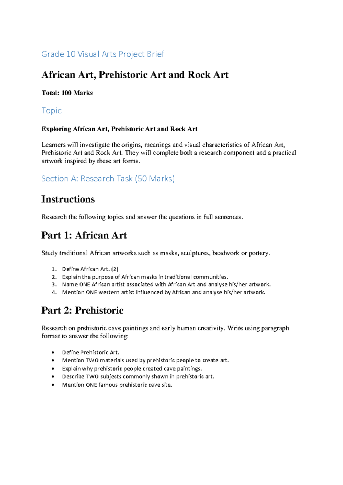 Grade 10 Visual Arts Project Brief: African, Prehistoric & Rock Art ...