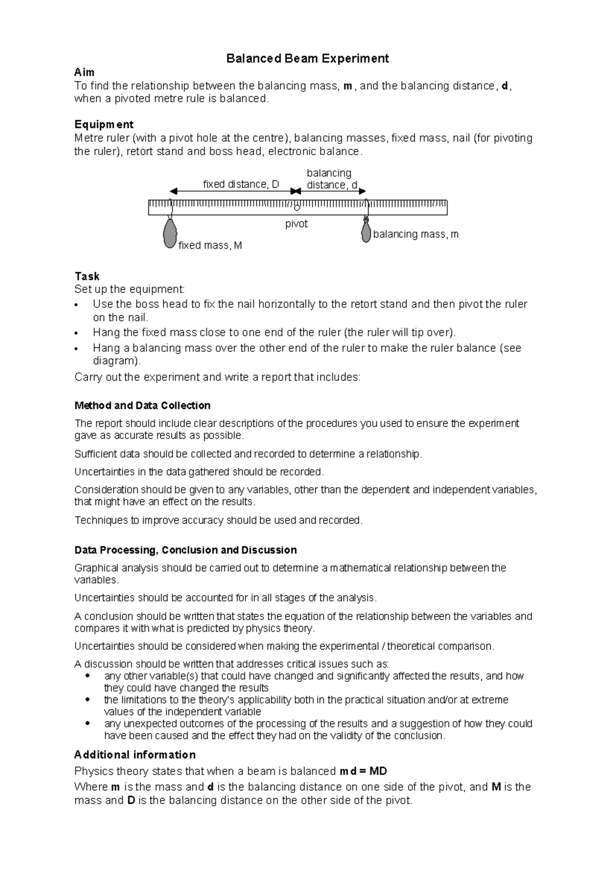 Balanced Beam Experiment L3 - Task Sheet and Report Guide - Studocu