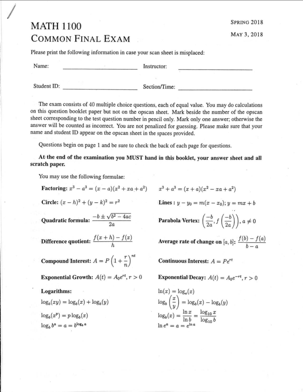 Math 101 Final Exam Instructions and Questions - Studocu