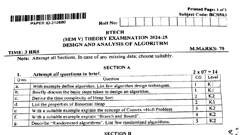 BCS503 Final Exam: Design and Analysis of Algorithms QP - Studocu