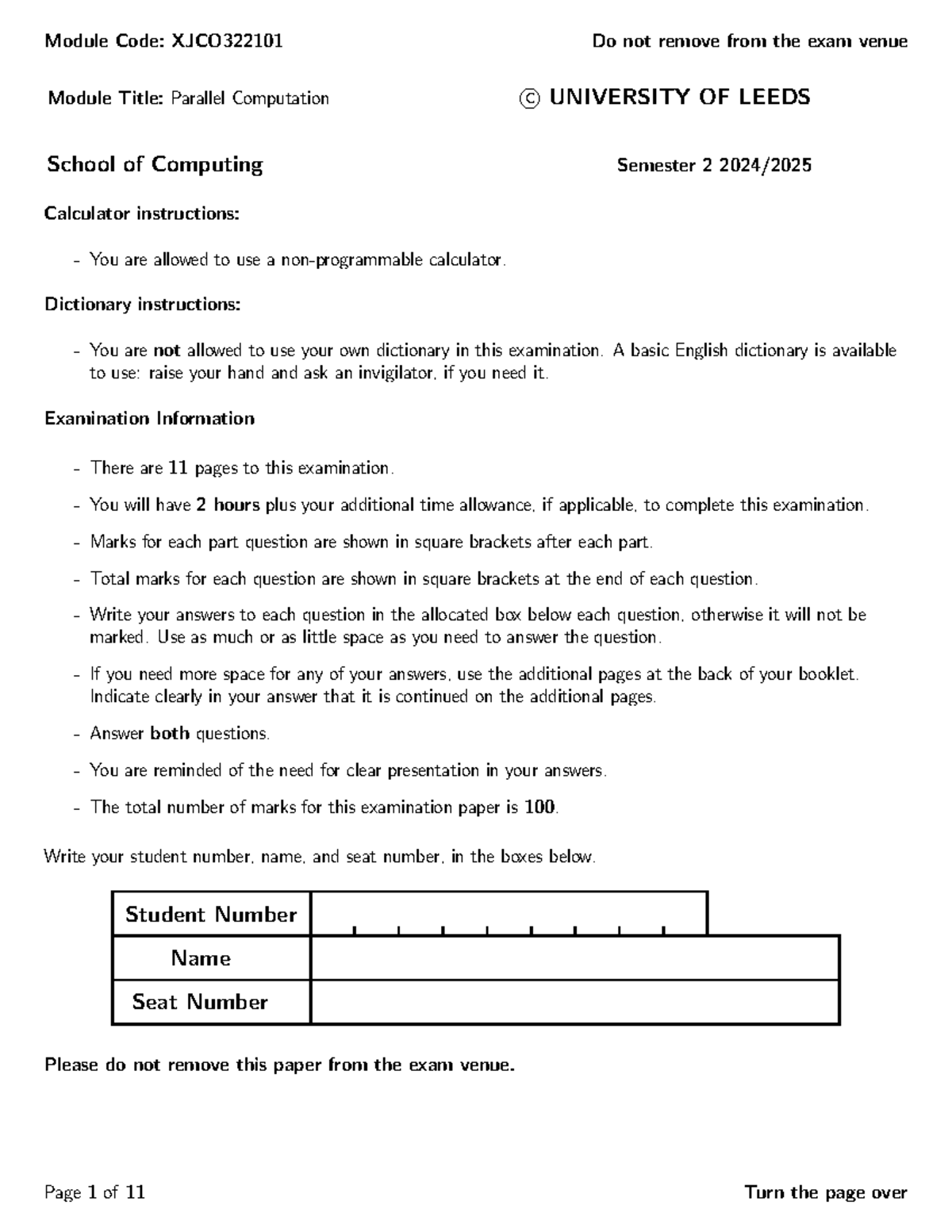 XJCO322101 Final Exam: Parallel Computation Guidelines and Questions ...
