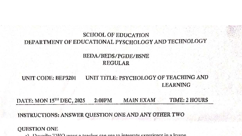 BEP3201 Final Exam: Psychology of Teaching & Learning Past Papers - Studocu