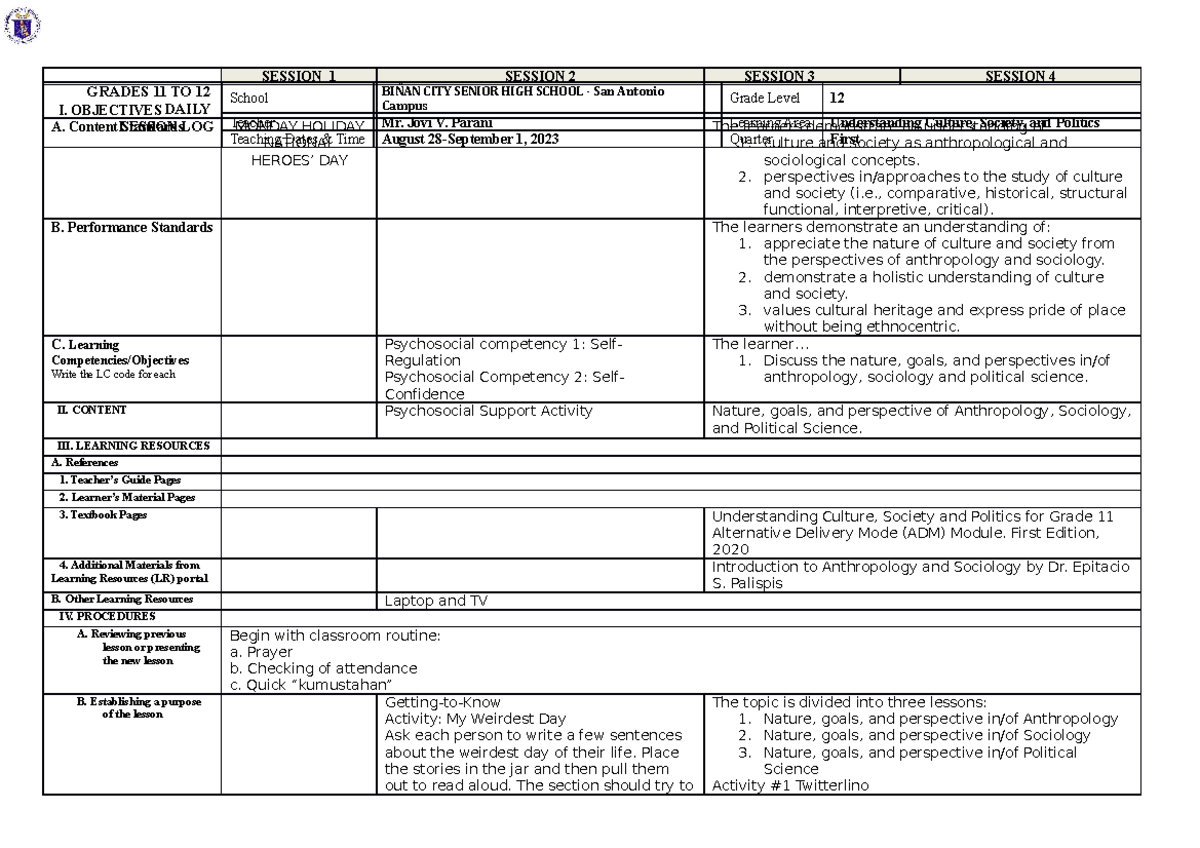 DLL UCSP Week 1 - Comprehensive Lesson Plan Overview - Studocu