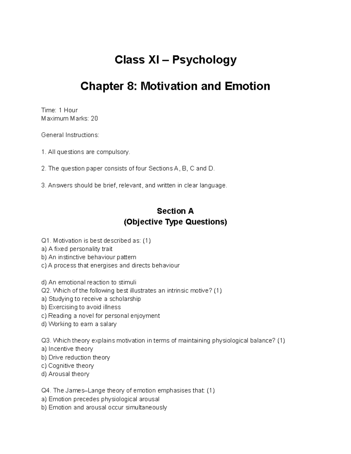 Psychology Class XI Chapter 8: Motivation & Emotion Test - Studocu