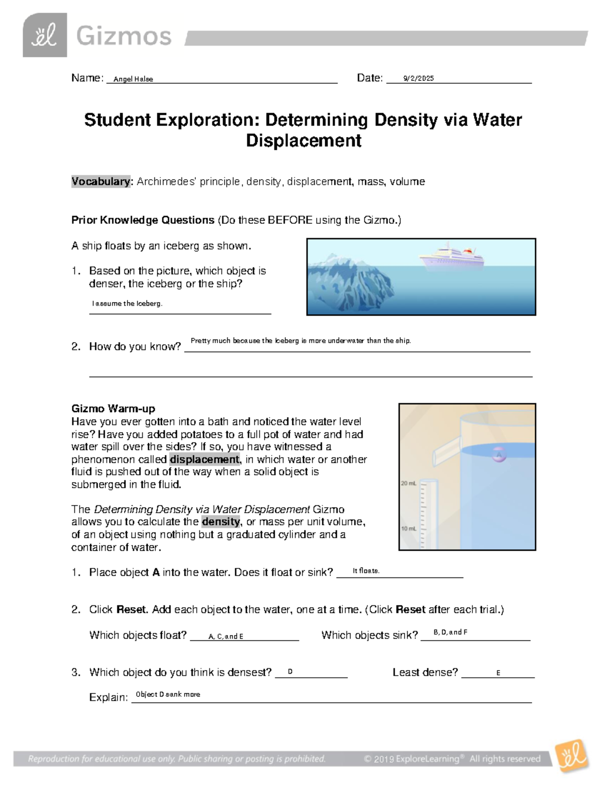 Student Exploration: Determining Density via Water Displacement (SE ...