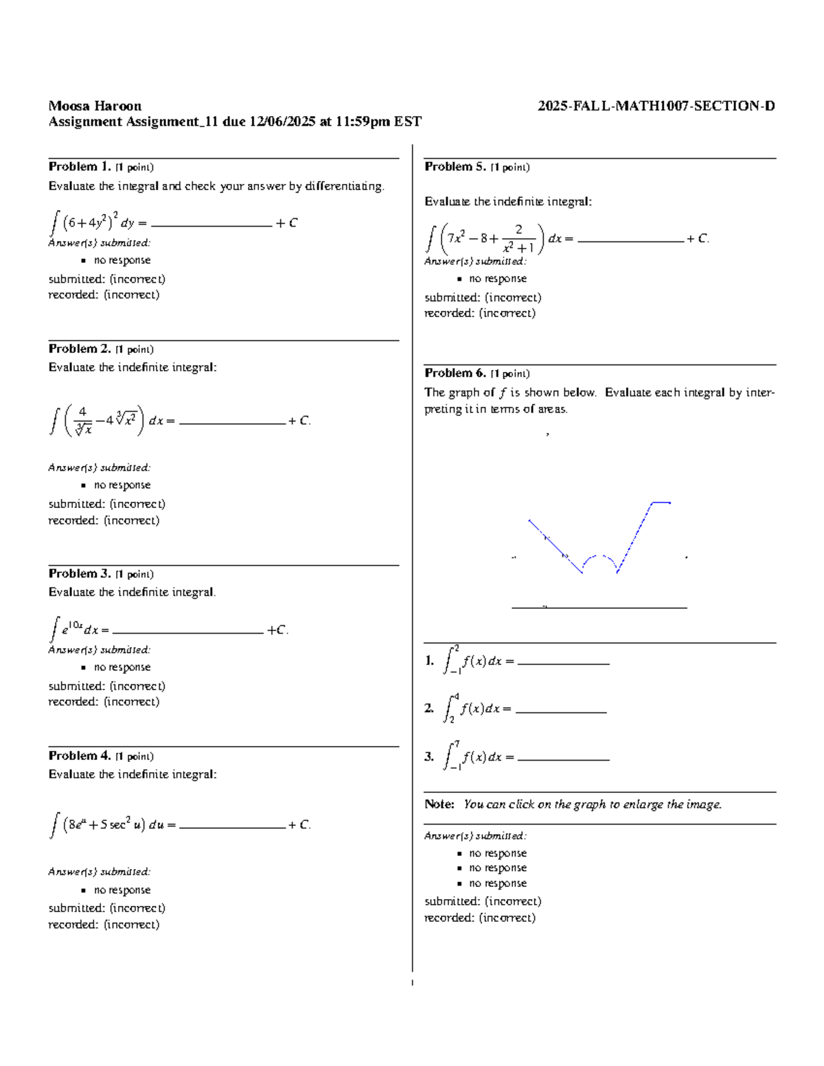 MATH1007 Fall 2025 Assignment 11: Integral Evaluation Problems - Studocu