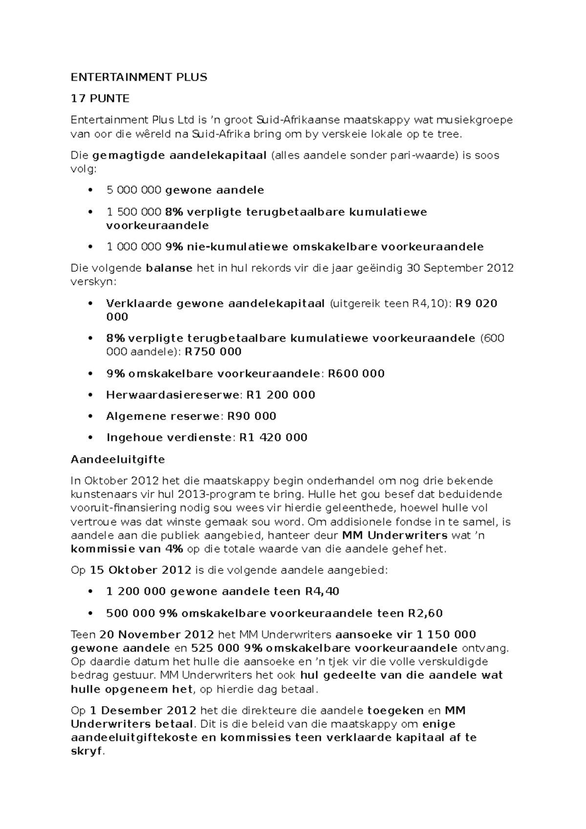 Entertainment Plus Ltd: Aandele en Finansiële Oorsig - Studocu