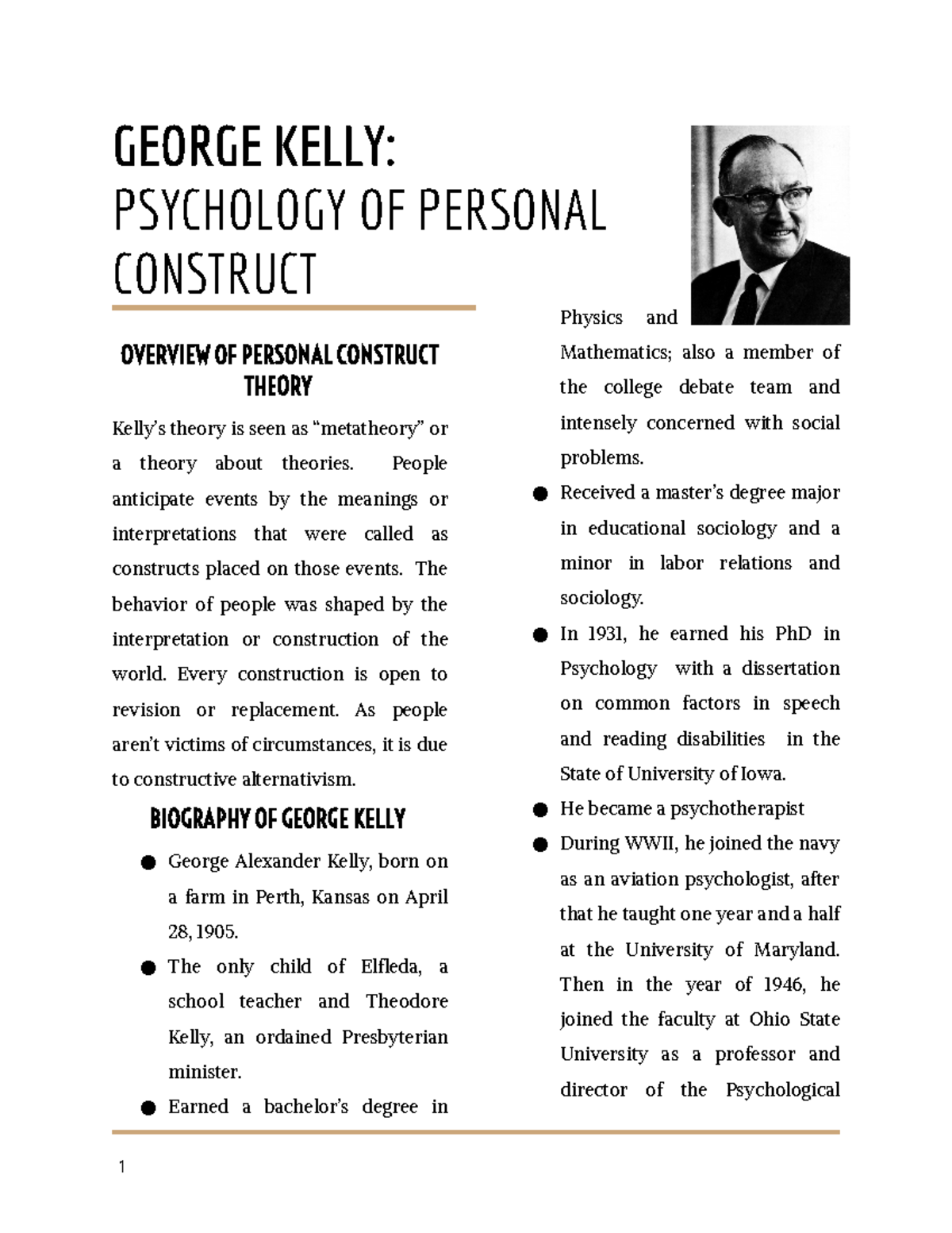 George Kelly's Personal Construct Theory Overview Handout - Studocu