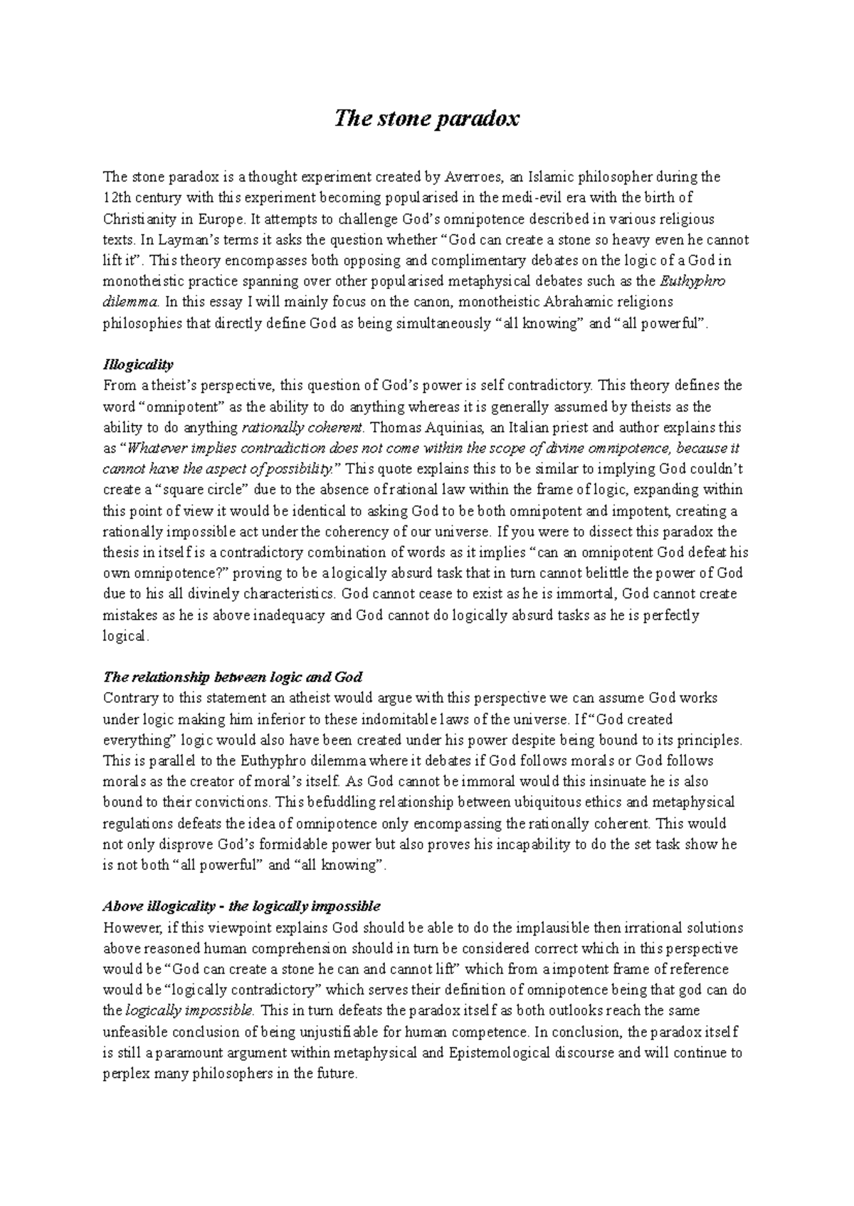 The Stone Paradox: An Essay on Omnipotence and Logic in Theology - Studocu