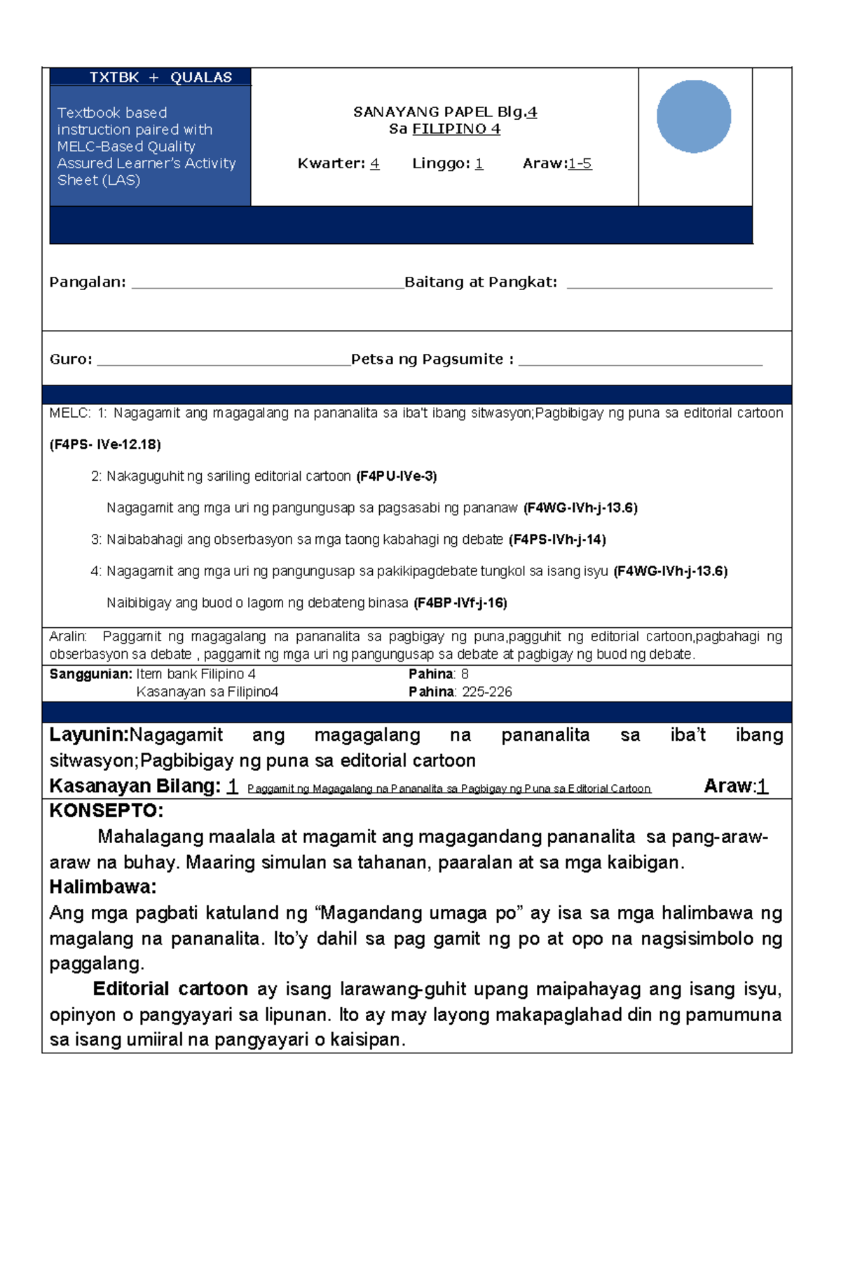LAS Q4 Filipino 4 Week 1: Magalang na Pananalita at Editorial ...