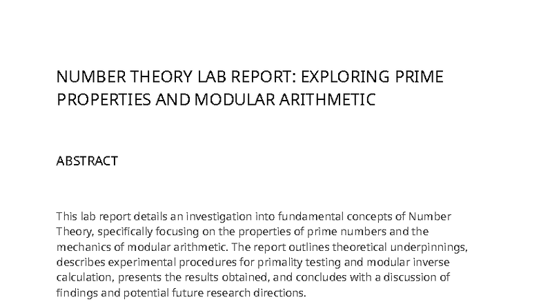 NUMBER THEORY LAB REPORT: PRIME NUMBERS & MODULAR ARITHMETIC - Studocu