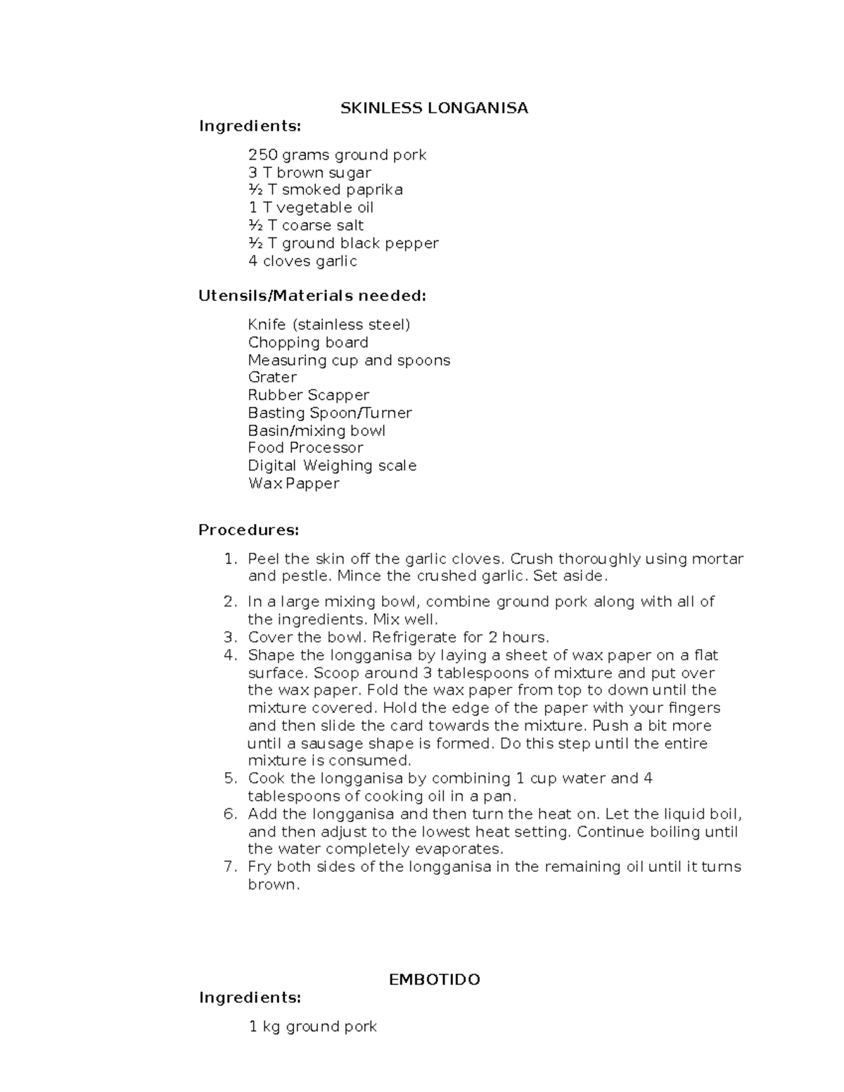 Recipe for Meat Processing: SKINLESS LONGANISA, EMBOTIDO & SIOMAI - Studocu