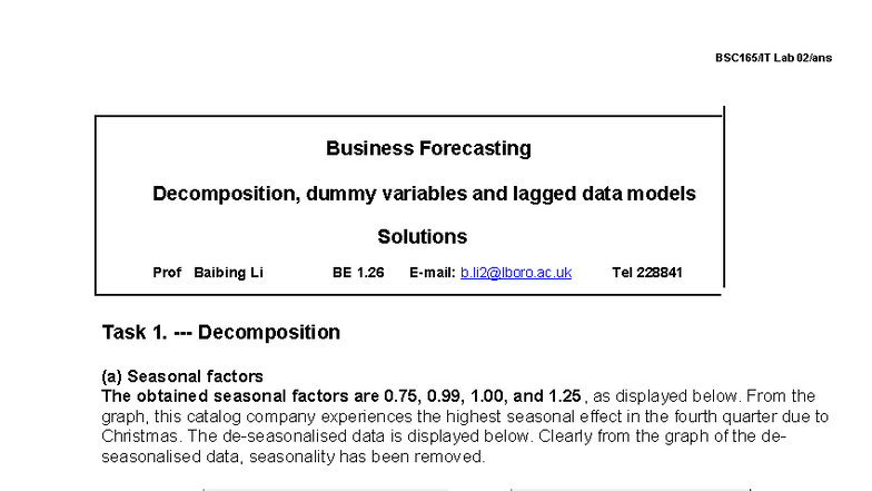 Lab Solutions for Business Forecasting: Decomposition & Models BE 1.26 ...