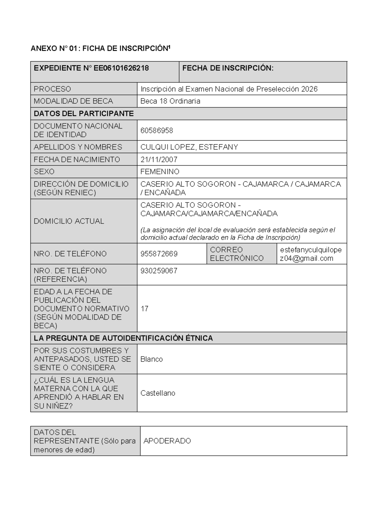 Ficha de Inscripción al Examen Nacional de Preselección 2026 - Studocu