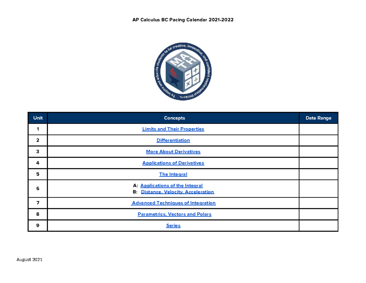 AP Calculus BC Pacing Calendar 2021-2022: Unit Concepts Overview - Studocu