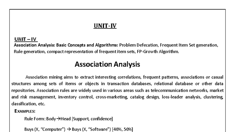UNIT IV - Association Analysis: Concepts, Algorithms & Applications ...
