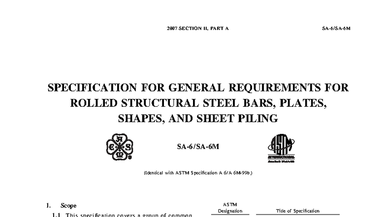 2007 ASTM A6 Specification for Structural Steel Bars and Plates - Studocu