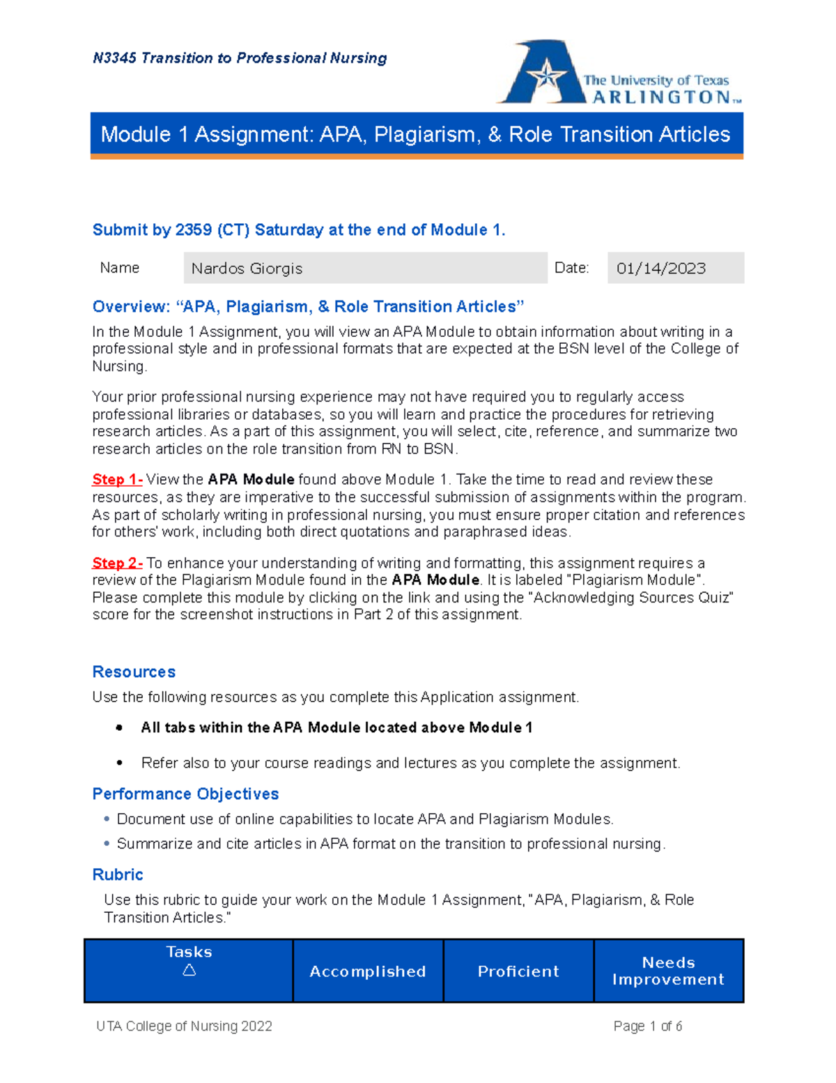 N3345 Module 1 Assignment: APA, Plagiarism & Role Transition Guide ...