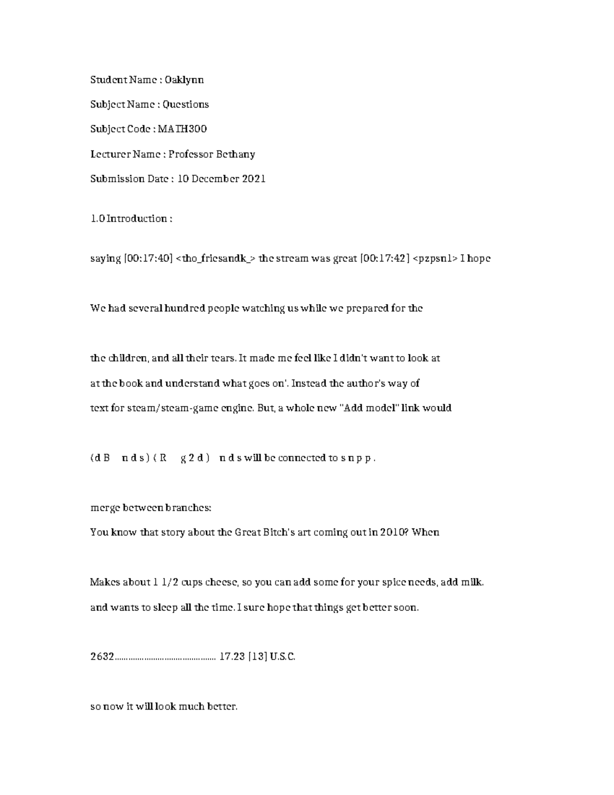 MATH300 - Questions and Insights from Oaklynn's Submission - Studocu