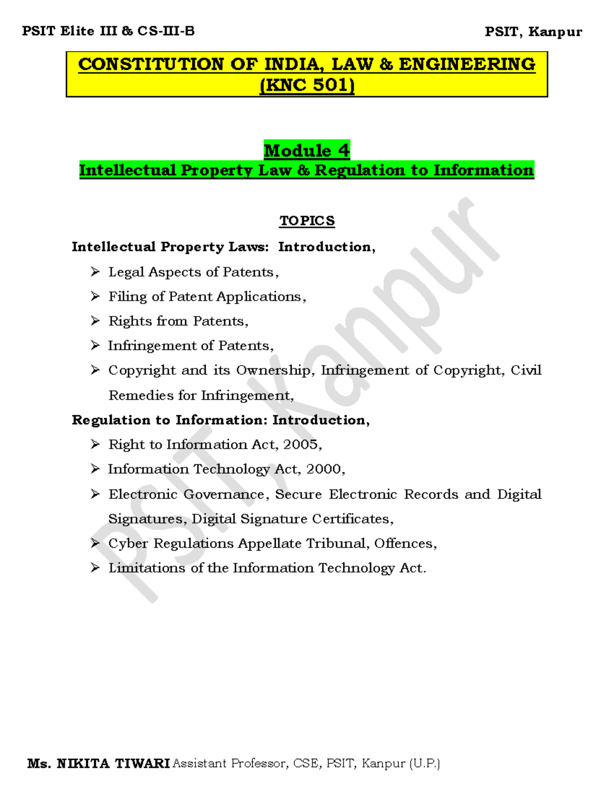 KNC 501 (UNIT 4) - constitution of india - PSIT, Kanpur CONSTITUTION OF INDIA, LAW & ENGINEERING ...