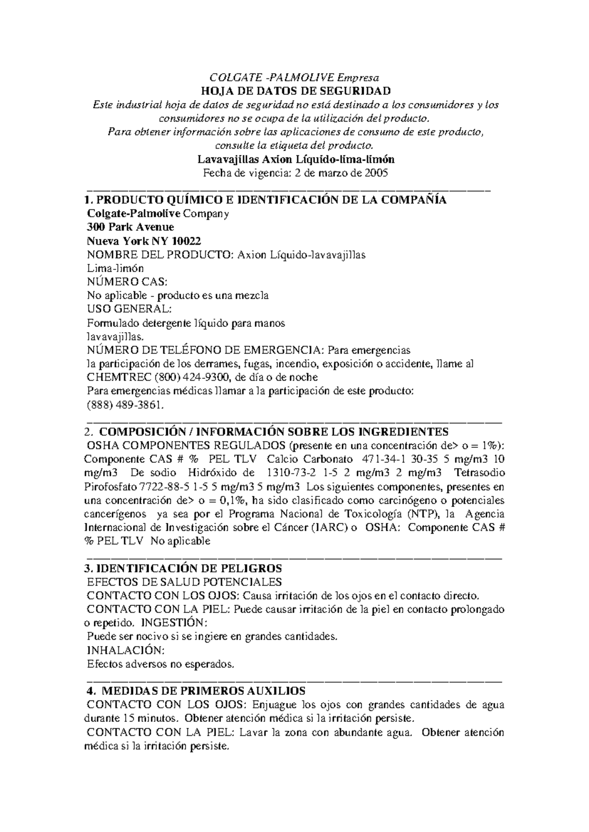 Hoja de Datos de Seguridad: Lavavajillas Axion Líquido (Colgate) - Studocu