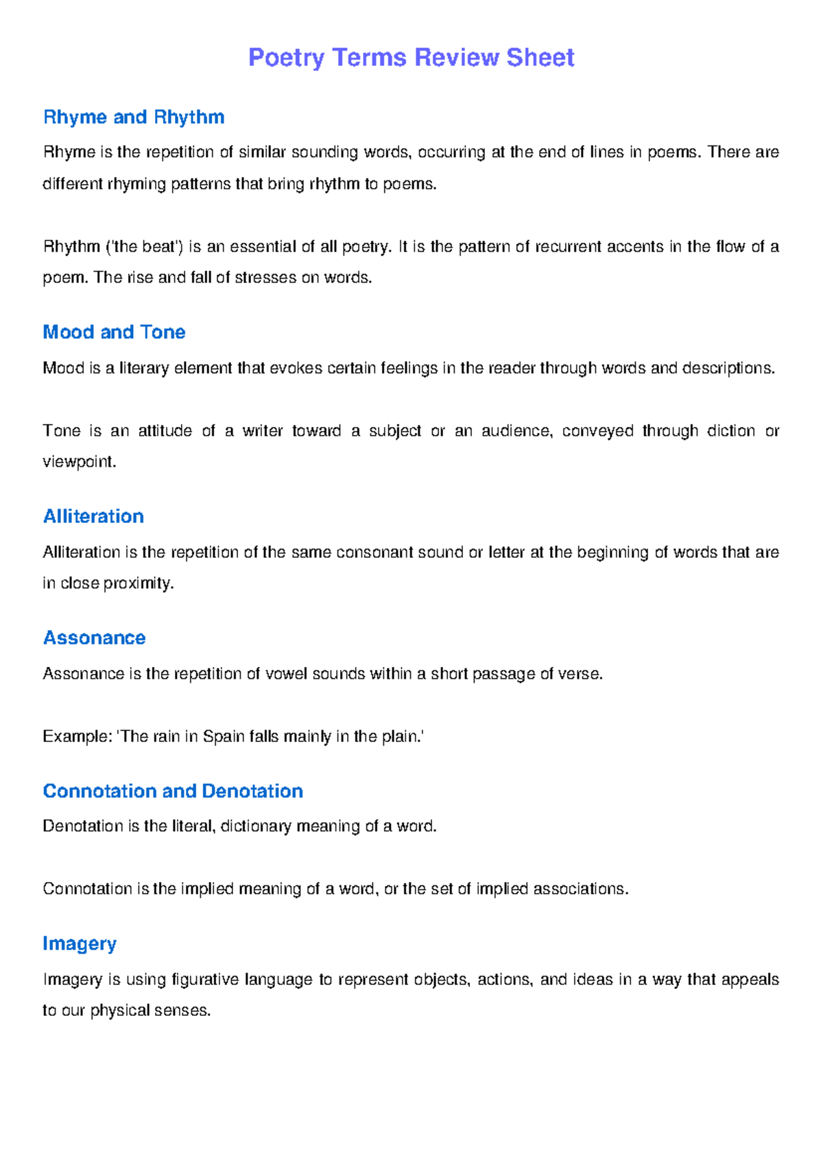 Final Exam Poetry Terms Review Sheet (Final Exam) - Studocu