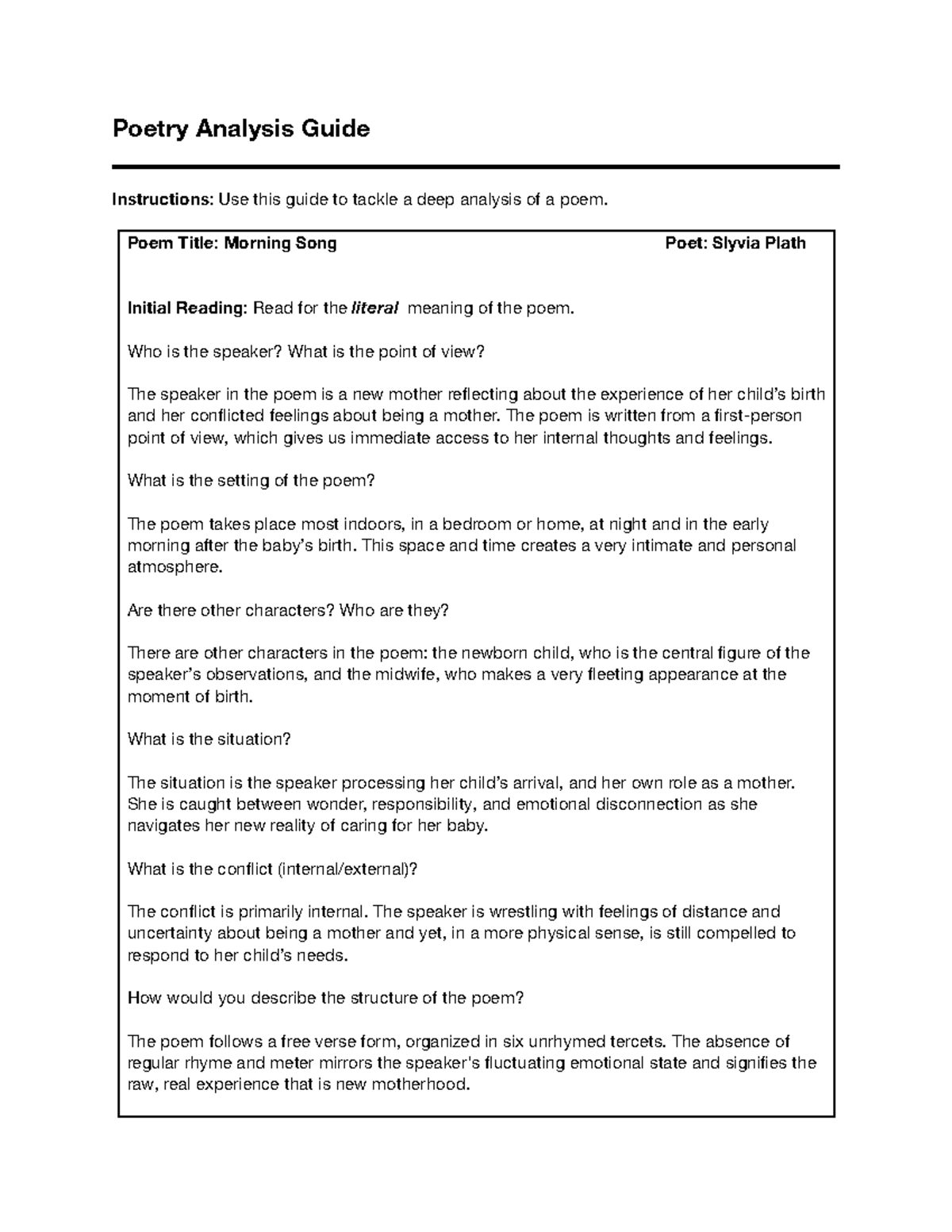 AP Lit 5.03: In-Depth Poetry Analysis of "Morning Song" by Plath - Studocu